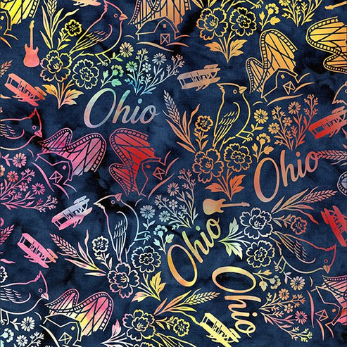2026 All Ohio Shop Hop Fabric - Ohio Symbols Multi Blue Rainbow SH200 ...